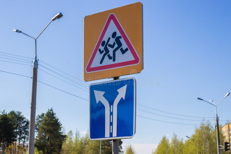 Traffic Signs. the Direction Indicator. Children Cross the Road Stock ...