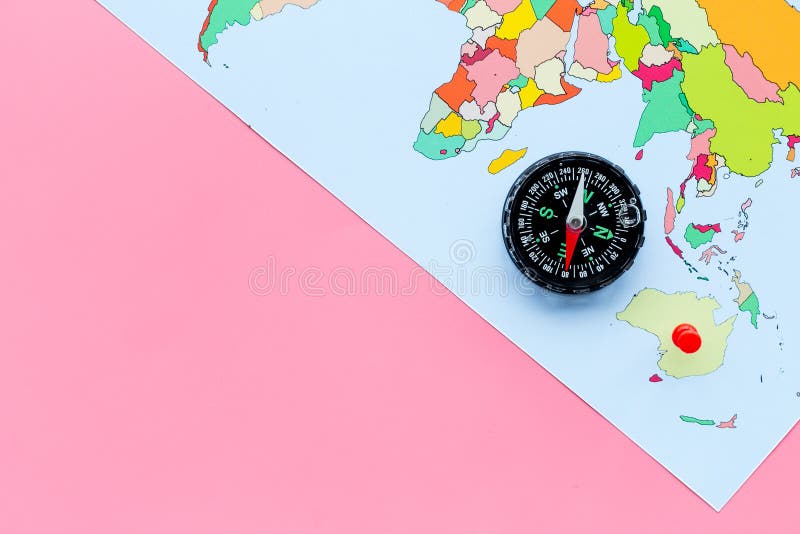 Direction of Movement, Travel Direction. Compass and Map on Pink ...