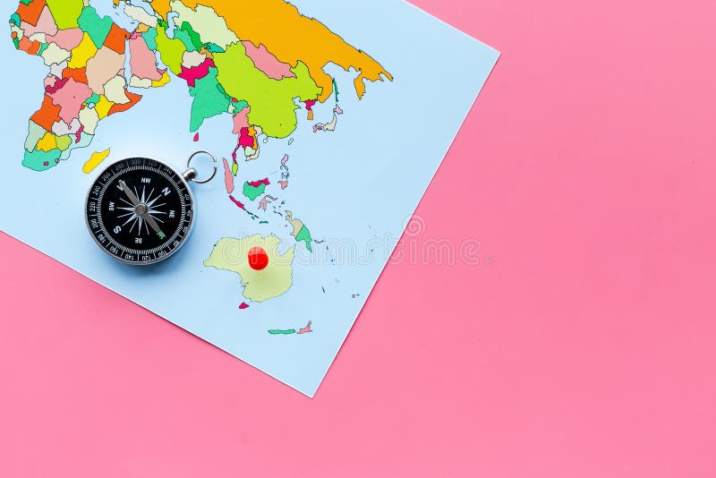 Direction of Movement, Travel Direction. Compass and Map on Pink ...