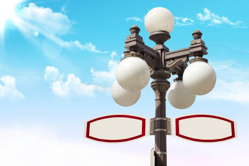 Direction Sign and Street Lamp Stock Photo - Image of innovation ...