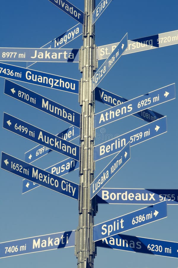 Directional Mileage Sign for World Cities Stock Photo - Image of ...