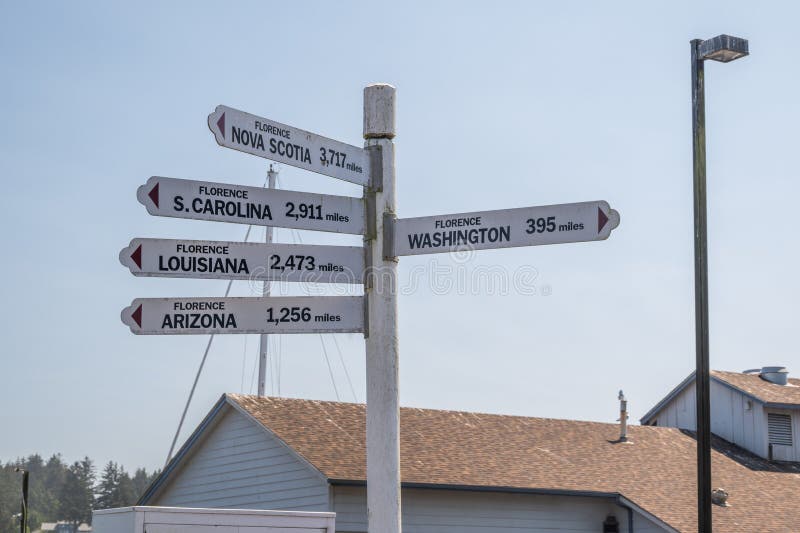 Directional Signs in Florence Oregon, USA. Stock Image - Image of ...