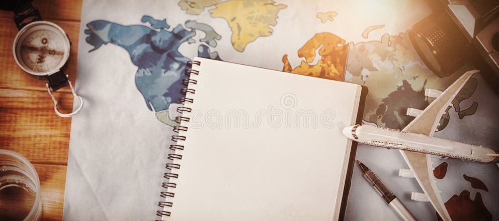 Directly Above Shot of Diary with Map and Camera Stock Photo - Image of ...