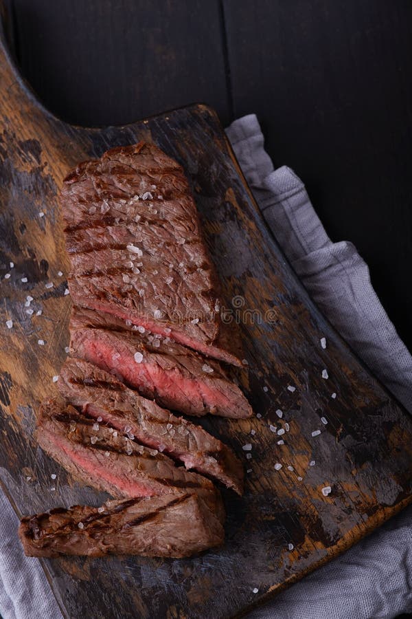 Directly Above Sliced Beef Steak Seasoned with Salt Stock Image - Image ...