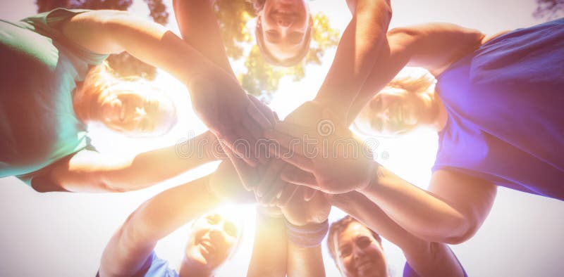 Directly Below Shot of Women Stacking Hands at Camp Stock Image - Image ...