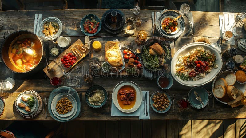 Direct Overhead a Table Filled with Delicious Food Ready for Dinner ...