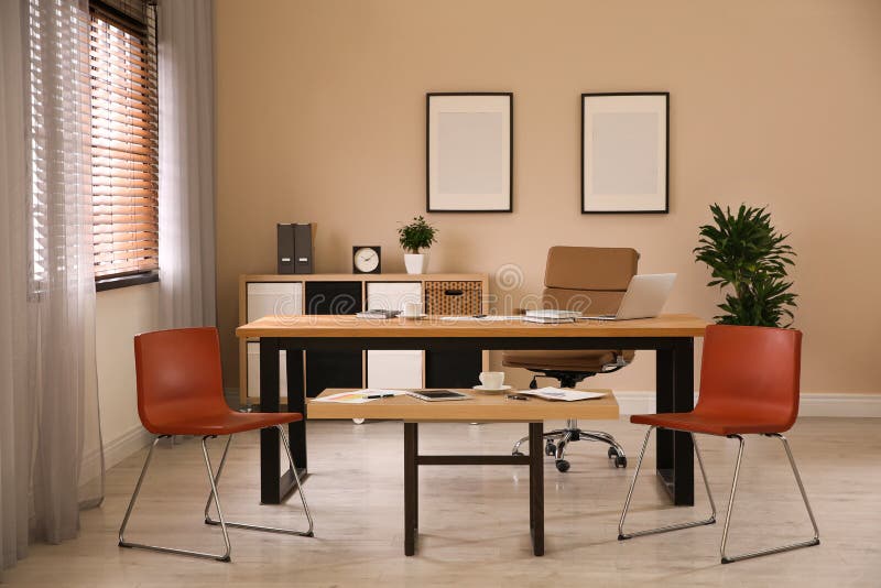 Director`s Office with Wooden Table. Interior Design Stock Photo ...