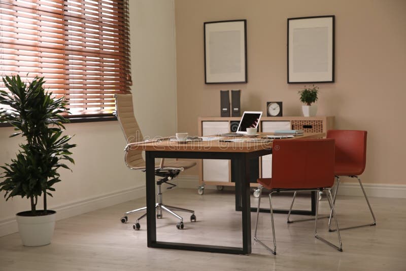 Director`s Office with Large Wooden Table. Interior Design Stock Photo ...