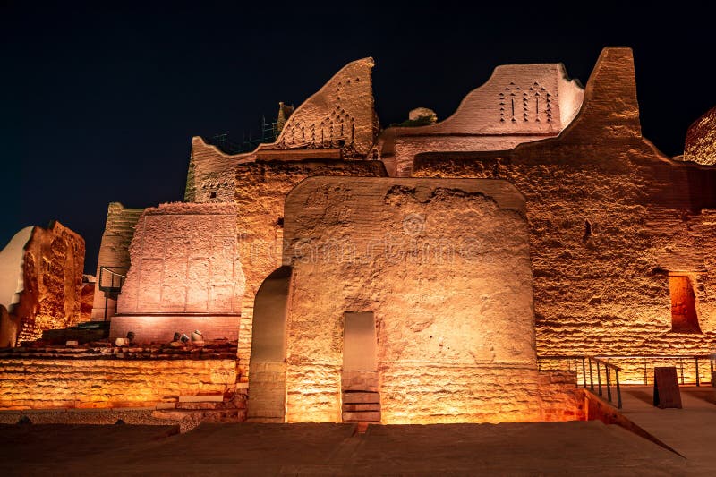 Diriyah Old Town Walls Illuminated at Night, Riyadh Stock Photo - Image ...