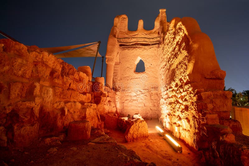 Diriyah Old Town Walls Illuminated at Night, Riyadh Stock Photo - Image ...