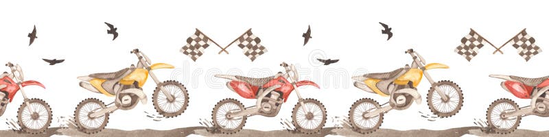 Watercolor Seamless Border with Dirt Bikes, Mud, Flags, Birds, Races ...