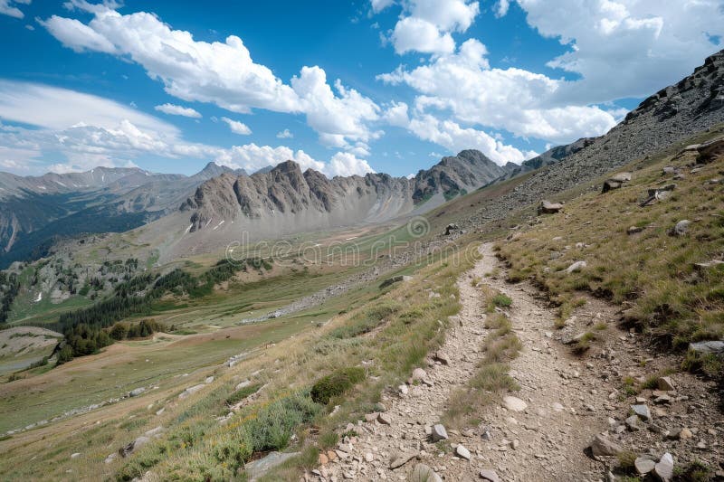 A Dirt Path Climbs Up a Hill with Mountains in the Backdrop, a Rugged ...