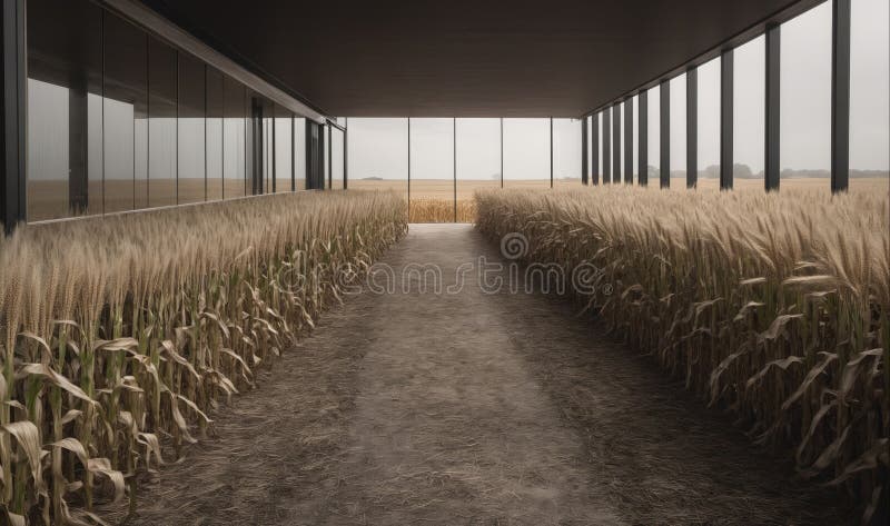 A Dirt Path Cuts through a Field of Corn Stalks Inside a Glass-walled ...