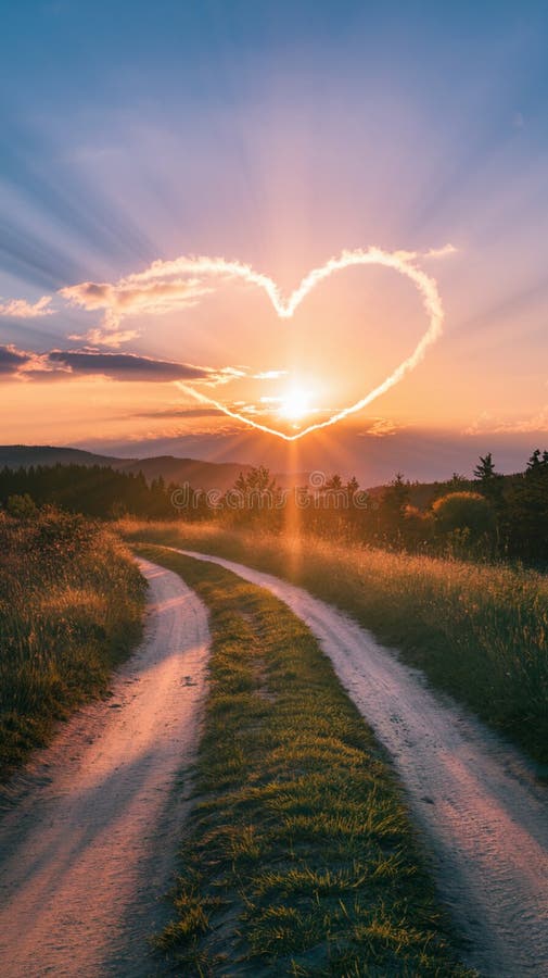 Dirt Path through Grassy Fields Towards Sunset, Heart Shaped Clouds ...