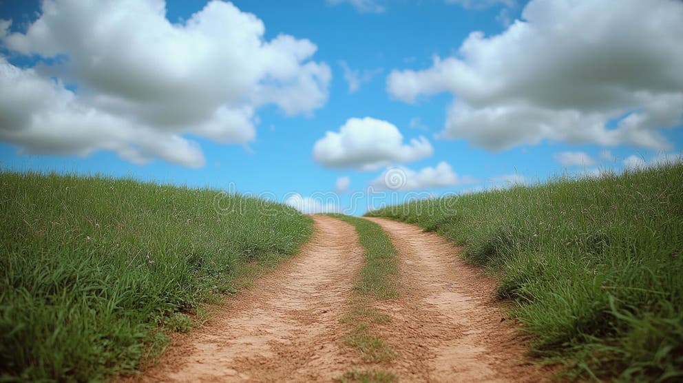 Dirt Path through Green Field Under Blue Sky with Fluffy Clouds Stock ...