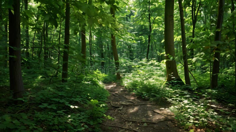 A Dirt Path Meandering through a Dense Forest with Sunlight Filtering ...