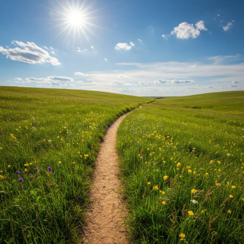 Dirt Path Vibrant Wildflower Meadow Under Sunny Sky Stock Photos - Free ...