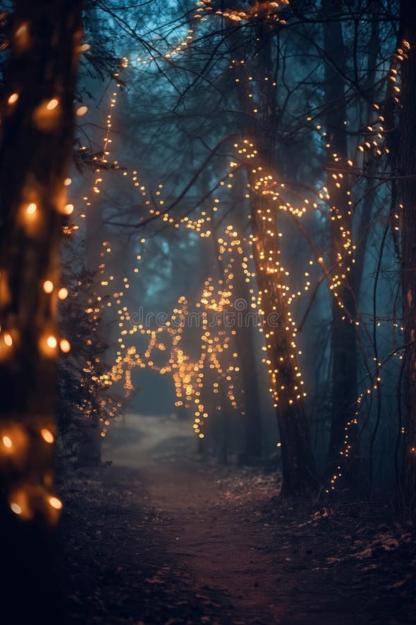 Magical Forest Path Lit with String Lights at Twilight Stock ...