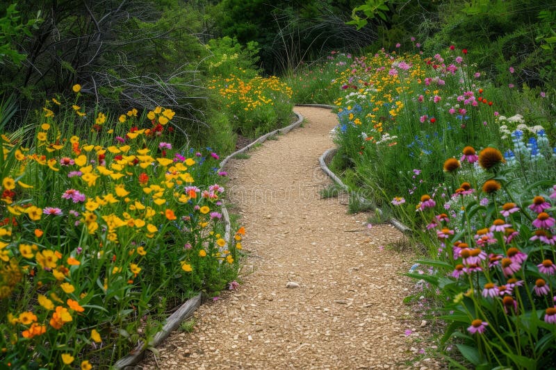 A Dirt Path Winding through Vibrant Wildflowers in Various Colors, a ...
