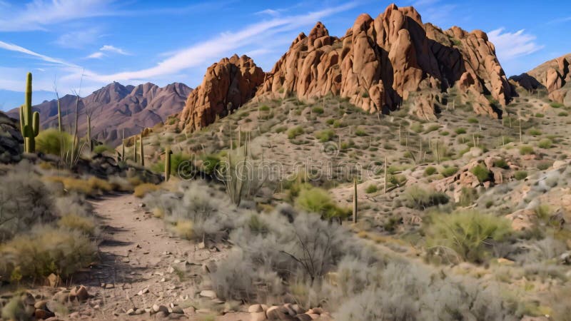 A Dirt Path Winds through a Desert Landscape with Towering Mountains in ...