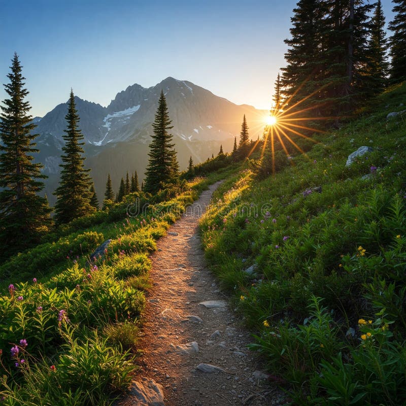 A Dirt Path Winds through a Mountain Meadow at Sunrise. Stock Photo ...