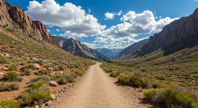 A Dirt Path Winds through a Mountainous Landscape Under a Clear Blue ...