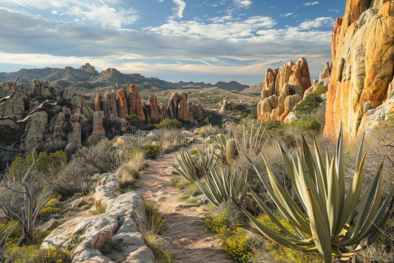 A Dirt Path Winds through a Rugged Desert Landscape, Bordered by Rocks ...