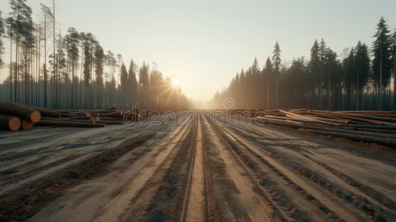 Dirt Road Cutting through Forest Landscape at Sunset with Cut Tree ...
