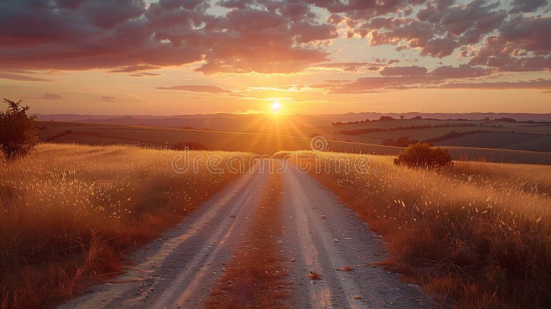 Dirt Road through Field at Sunset, Orange Sky Stock Illustration ...