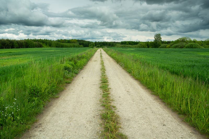 Dirt Road through Green Fields and Cloudy Sky Stock Image - Image of ...
