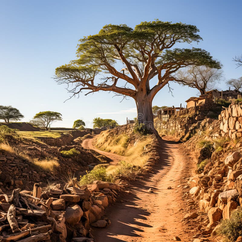 A Dirt Road with a Large Tree in the Middle. Stock Photo - Image of ...