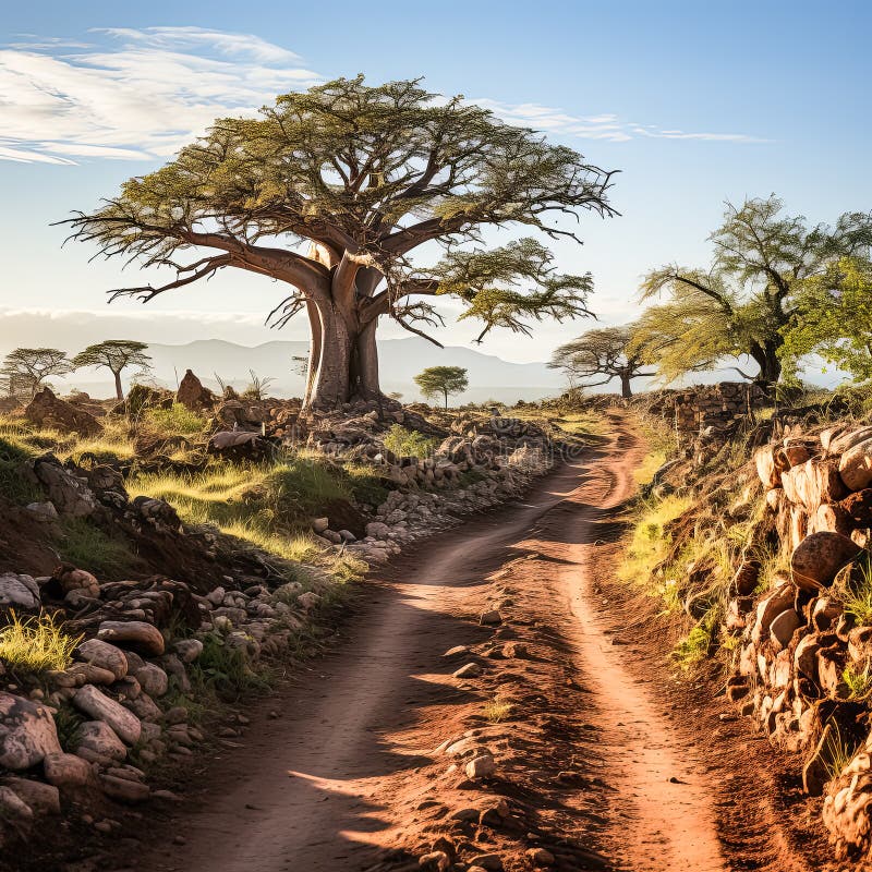 A Dirt Road with a Large Tree in the Middle Stock Photo - Image of ...