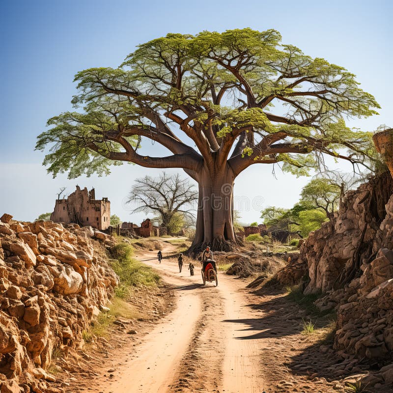 A Dirt Road with a Large Tree in the Middle. Stock Photo - Image of ...