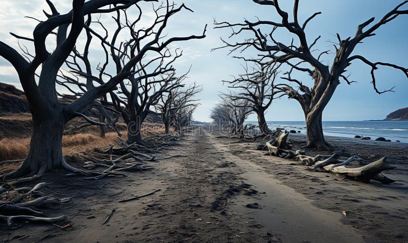 Desolate Dirt Road Surrounded by Dead Trees on Beach Stock Image ...