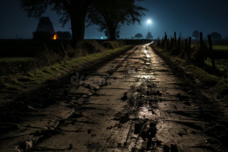 A Dirt Road in the Middle of a Field at Night Stock Illustration ...