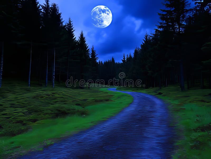 A Dirt Road in the Middle of a Forest at Night with a Full Moon in the ...