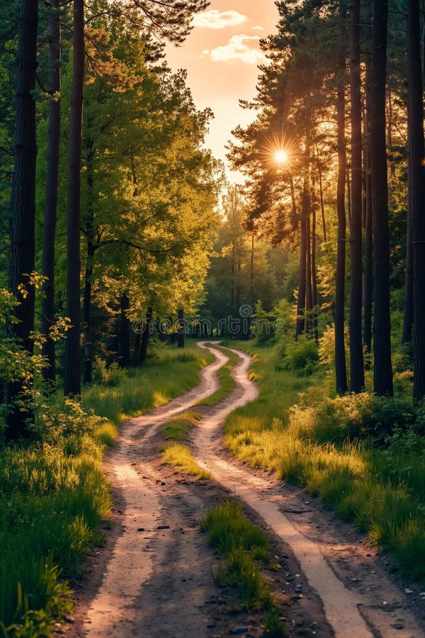 A Dirt Road in the Middle of a Forest at Sunset Stock Photo - Image of ...