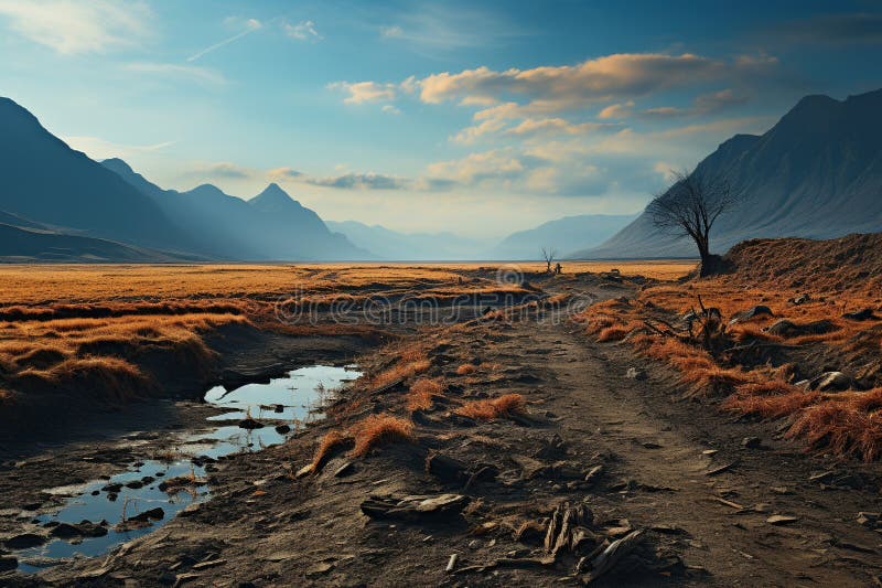 A Dirt Road Passes through an Empty Area with Sparse Grass and Some ...