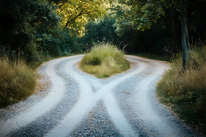 Dirt Road Splitting into Two Paths through a Peaceful Meadow and Forest ...