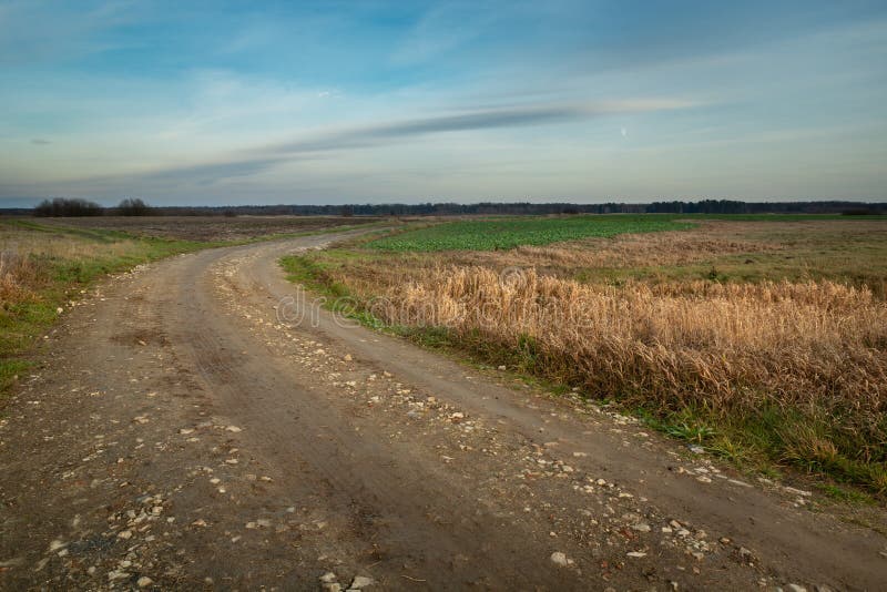 Dirt Road with Stones through the Fields, Dispelled Clouds on the Sky ...