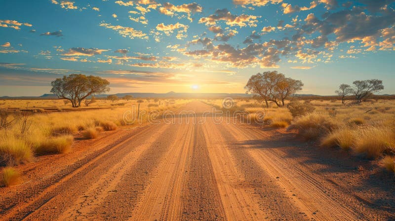 Sunset Over a Dirt Road in the Australian Outback with Trees and ... Sunset Over a Dirt Road in the Australian Outback with Trees and ...