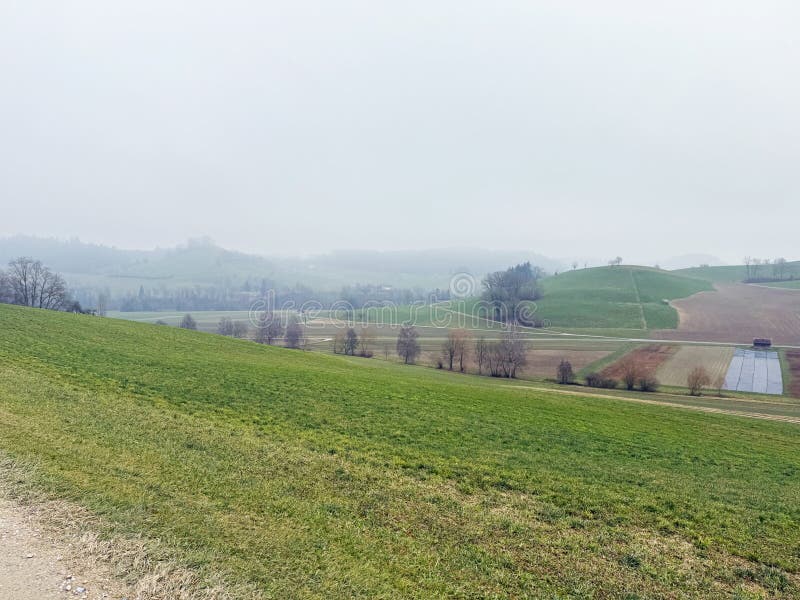 Misty Countryside Landscape – Rolling Hills and Green Fields in Foggy ...
