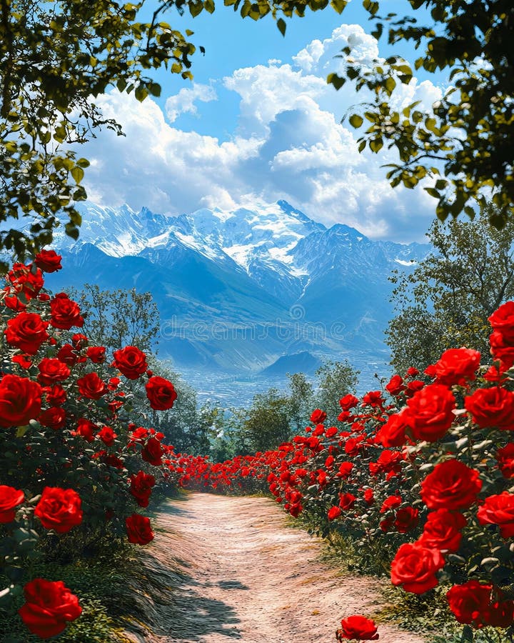 A Dirt Road Surrounded by Red Roses with Mountains in the Background ...