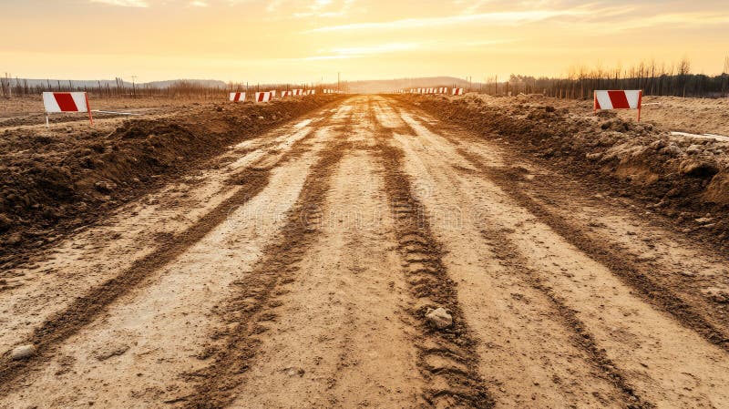 Dirt Road Winding through a Construction Site at Sunset, Featuring Tire ...