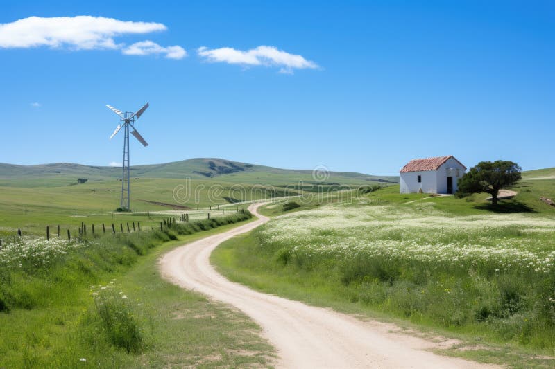 A Dirt Road with a Windmill in the Distance. Generative AI Image. Stock ...