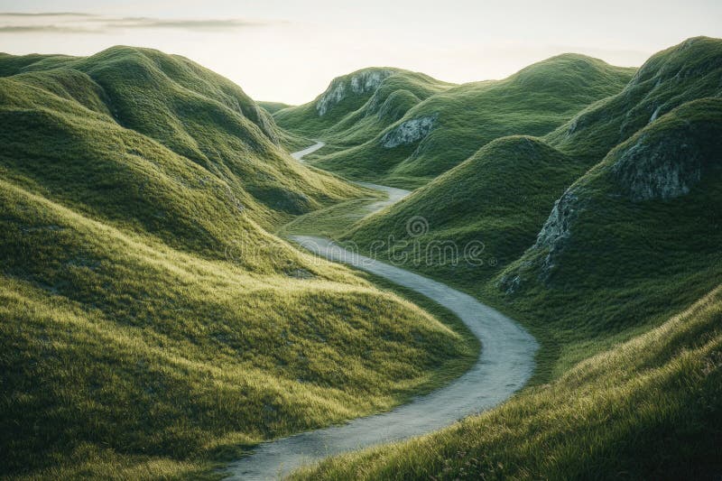 A Dirt Road Winds Its Way through a Beautiful, Lush Green Valley Stock ...