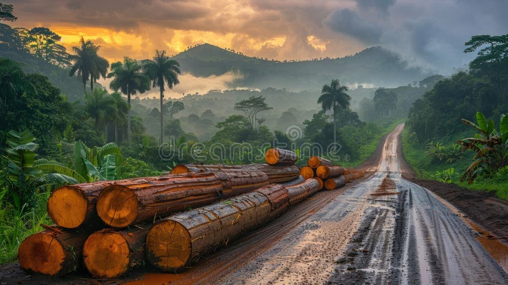 A Dirt Road Winds through a Lush Jungle with a Stack of Logs on the ...