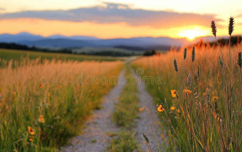 Dirt Road Winds Vast Open Field Under Clear Sky Stock Photos - Free ...