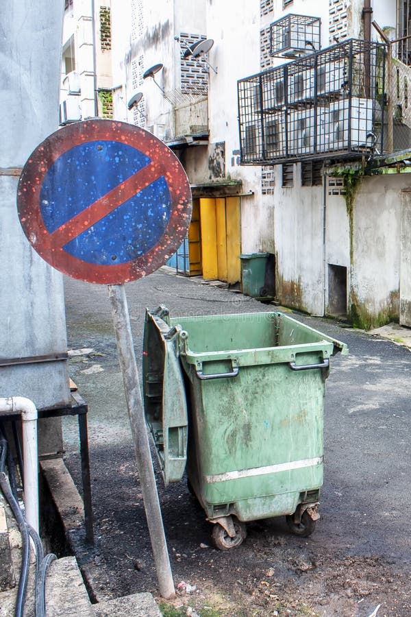 Back Alley No Entry with Trash Bin Stock Photo - Image of litter ...