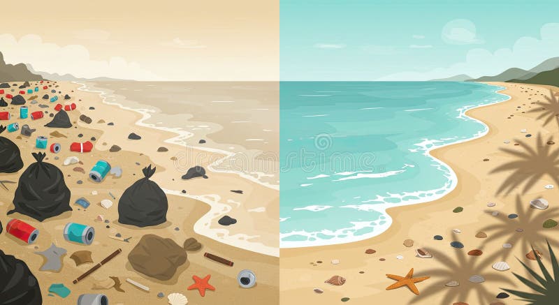 Dirty Beach Full of Trash and a Clean Beach with Shells and Starfish ...